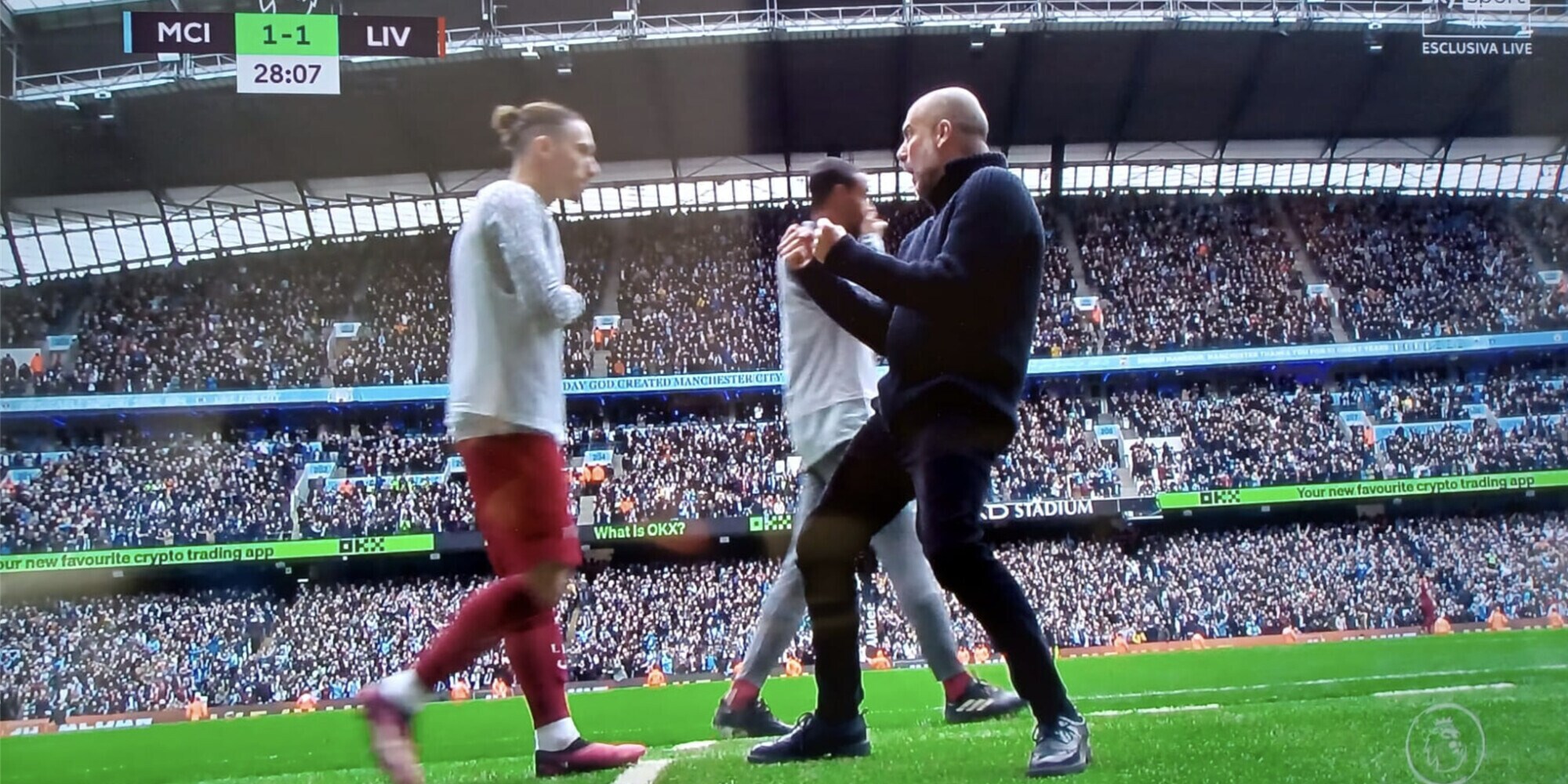 Alvarez segna, Guardiola esulta in faccia a Tsimikas!