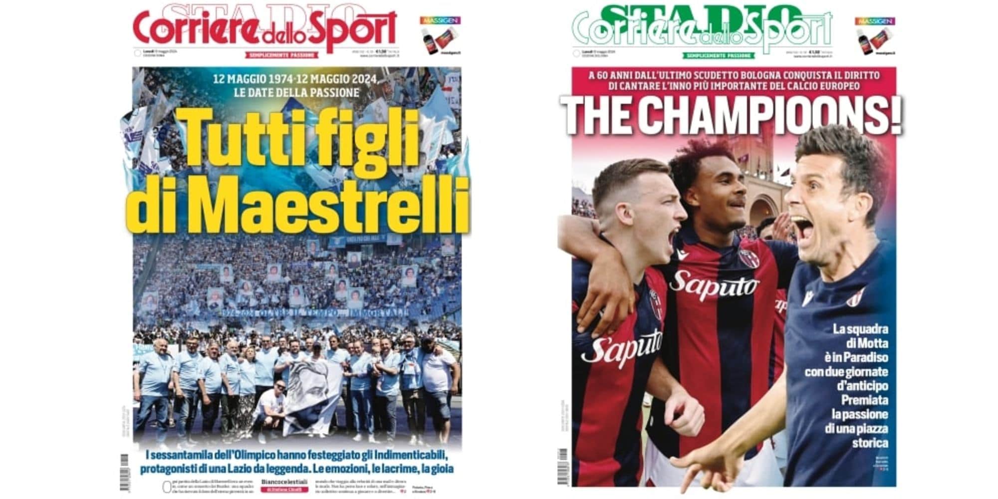 Scudetto Lazio 1974 e Champions del Bologna: due prime pagine straordinarie