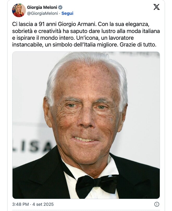 Morte Giorgio Armani, da Shevchenko fino a Julia Roberts, Juve e ...