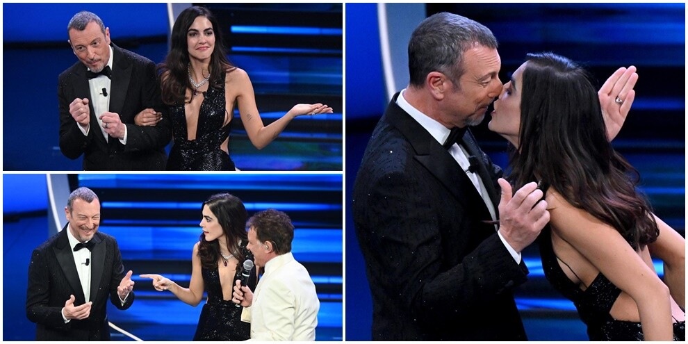 Sanremo 2023, Rocio Muñoz Morales sorprende Amadeus con un bacio
