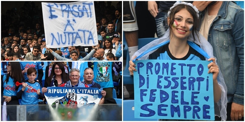 Scudetto Napoli, striscioni e stendardi: tripudio azzurro al Maradona